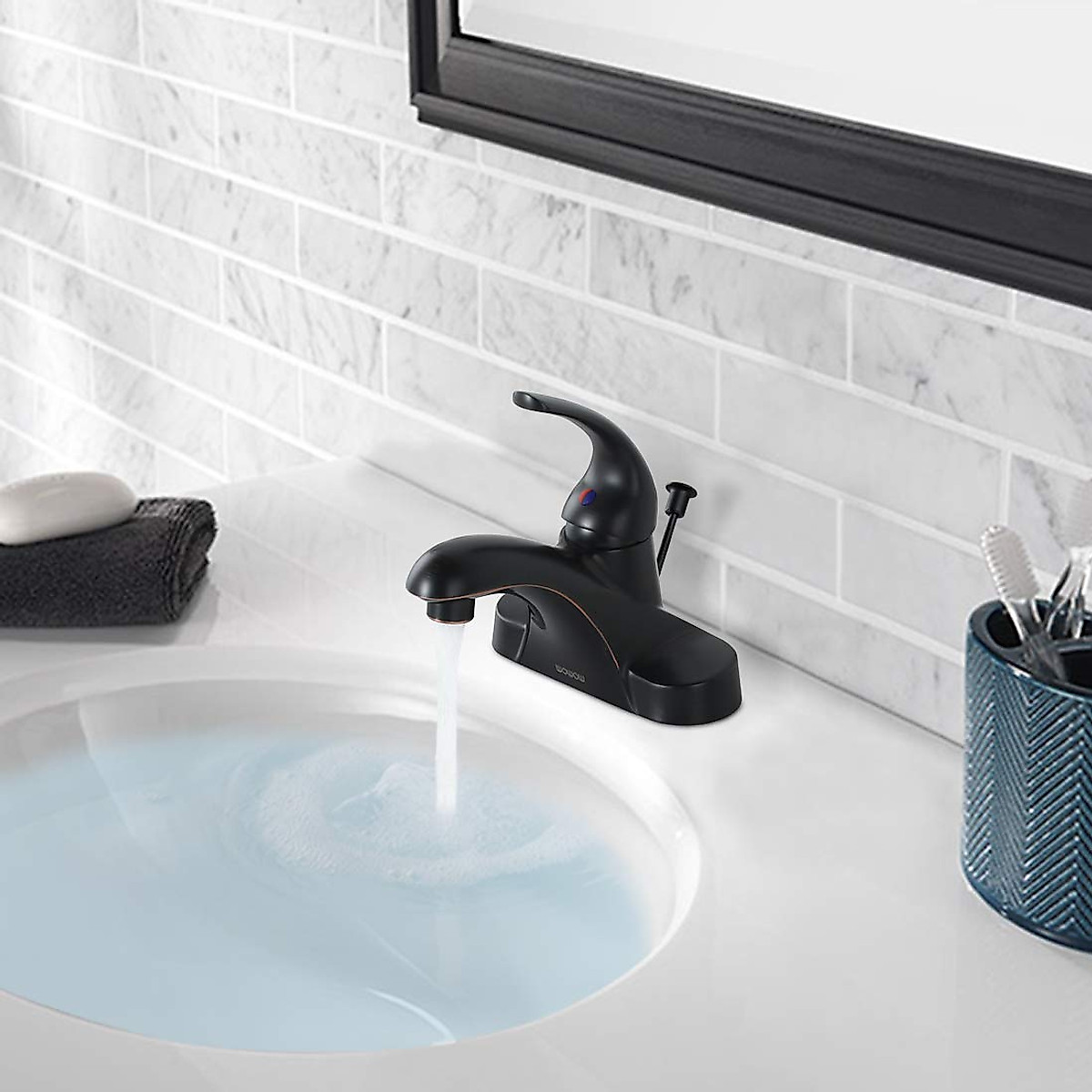 WOWOW Single Handle Commercial Bathroom Faucet Oiled Rubbed Bronze 4 inch Centerset Bathroom Basin Sink Faucets One Handle Vanity Faucets Basin Mixer Tap with Lift Rod Drain Assembly