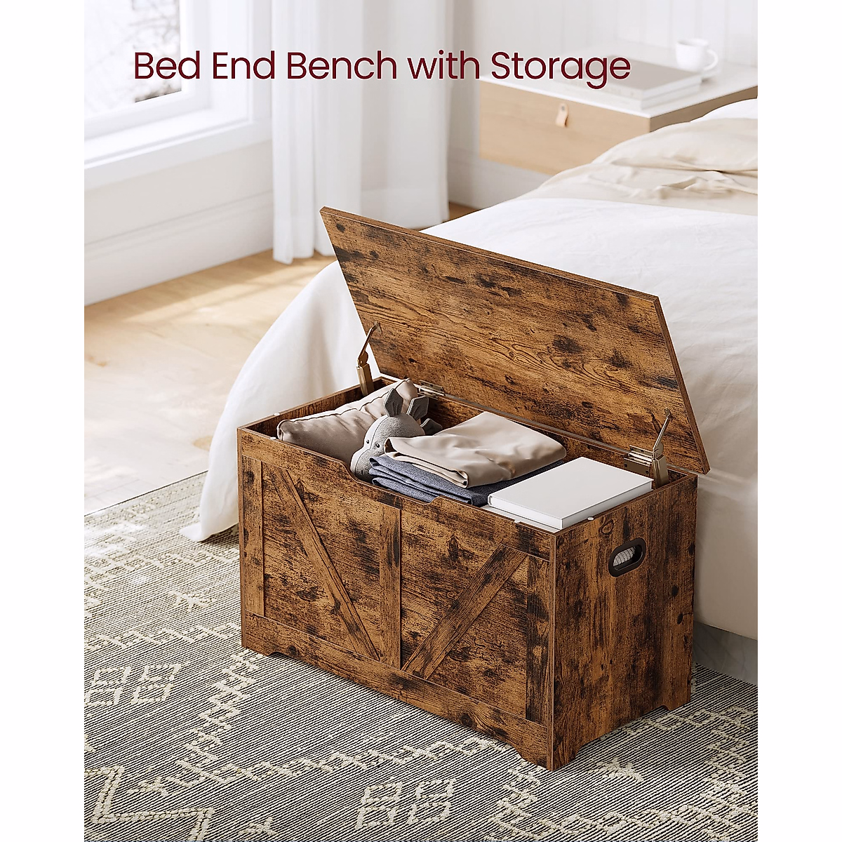 VASAGLE Storage Chest, Storage Trunk with 2 Safety Hinges, Storage Bench, Shoe Bench, Farmhouse Style, 15.7 x 31.5 x 18.1 Inches, for Entryway, Bedroom, Living Room, Rustic Brown ULSB062T01