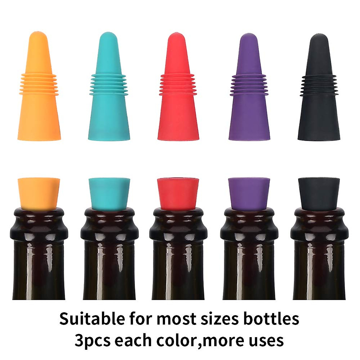 Holobo 15 Pcs Wine and Beverage Bottle Stoppers with Grip Top ,Silicone Wine Stopper Bottle Sealer for Drinks Reusable Wine Saver ,Assorted Colors