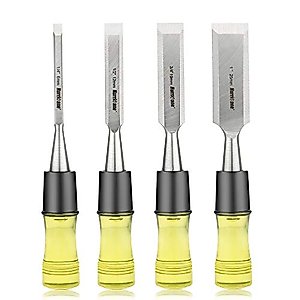 Hurricane 4 Piece Wood Chisel Set for Woodworking, CR-V Steel Beveled Edge Blade, Durable PVC High Impact Handle Wood Chisel