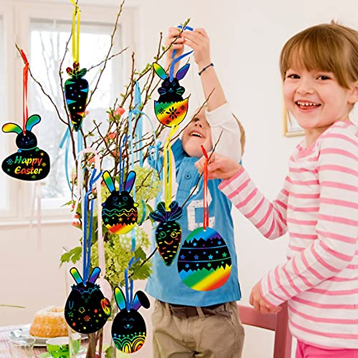 GOMANCHE 48 Pcs Easter Scratch Crafts for Kids, Rabbit Bunny Carrot Easter Egg Rainbow Scratch Paper Ornaments with Wooden Stick and Ribbon for Easter Party Favors