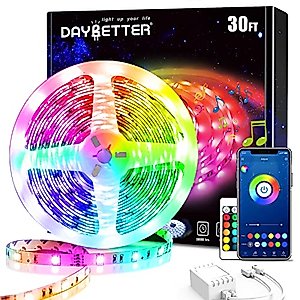 DAYBETTER Smart Led Lights 30ft, 5050 RGB Led Strip Lights Kits with 24 Keys Remote, App Control Timer Schedule Led Music Strip Lights
