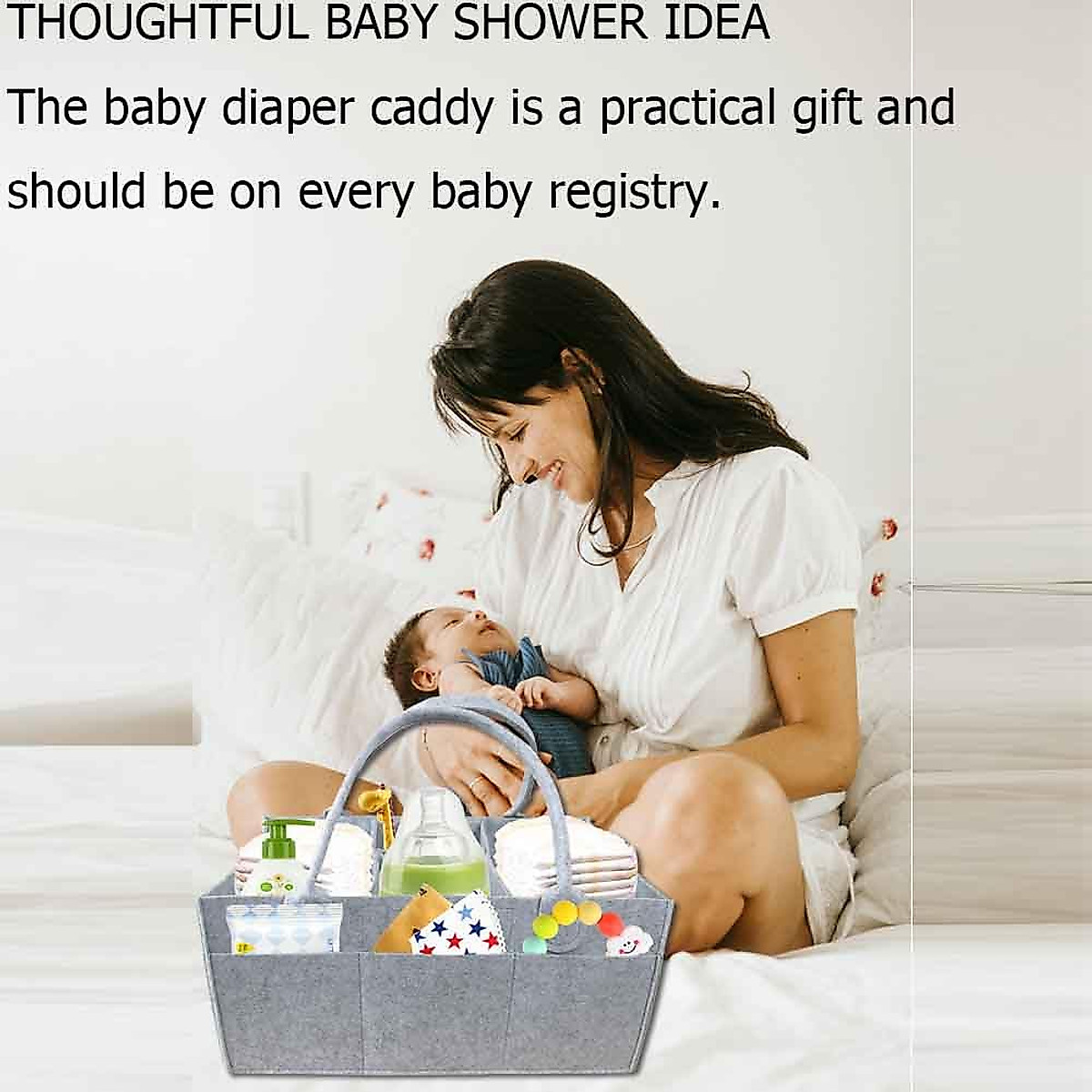 TOFOAN Baby Diaper Caddy Organizer with Removable Inserts,Thickened Felt Nursery Basket,Baby Diaper Bag Organizer with Detachable Dividers,Baby Diaper Caddy Organizer for Changing Table,Car - Grey