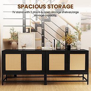 AWQM Buffet Cabinet with Storage, Set of 2, Rattan Buffet Cabinet with 2 Doors, Adjustable Shelves and Sturdy Metal Frame, Modern Accent Sideboard Cabinet for Kitchen, Dining Room, Living Room - Black
