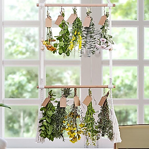 SWEETBIUTI Herb Drying Rack 2Tier Wood and Cotton Safe Hand-Woven Herb Drying Rack Hanging Adjustable Flower Drying Rack with Detachable Hooks for Herb Dryer Wall Decor.