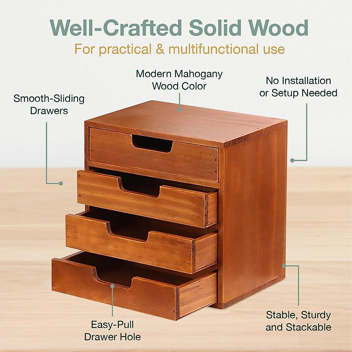 4-piece Drawer Cabinet Bundle Set - Modern Mahogany Wood Stackable Drawer Units - Multi-level Drawer Desktop Storage Organizers - Countertop Drawer Cabinets for Mix and Match (4-Pack)