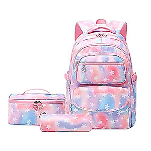 JiaYou School Backpack Sets 3pcs Stars Prints Daypack For Teens Girls Primary School Students(Pink Stars,22 Liters)