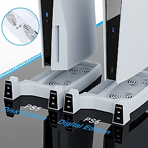 PS5 Vertical Stand Cooling Fan for PS5 Console and Playstation 5 Digital Edition, PS5 Accessories Stand with Dual Controller Charging Station, 2-in-1 Cable and 15 Game Storager
