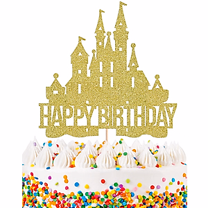 MYAMPED Castle Birthday Cake Topper - Double-Sided Gold Glitter Castle Themed Birthday Cake Decoration Supplies - Princess/Prince Birthday Cake Bunting Decor, Photo Booth Props