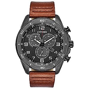 Citizen Men's Eco-Drive Weekender Chronograph Watch in Black IP Stainless Steel with Brown Leather strap, Black Dial (Model: AT2447-01E)