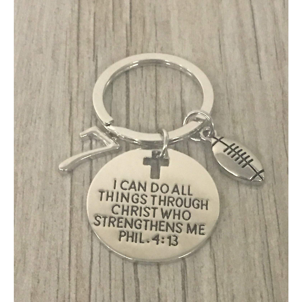 Personalized Football Charm Keychain, Christian Faith Charm Keychain, I Can Do All Things Through Christ Who Strengthens Me Phil. 4:13 Scripture Jewelry, Football Gifts For Men, Teens and Boys