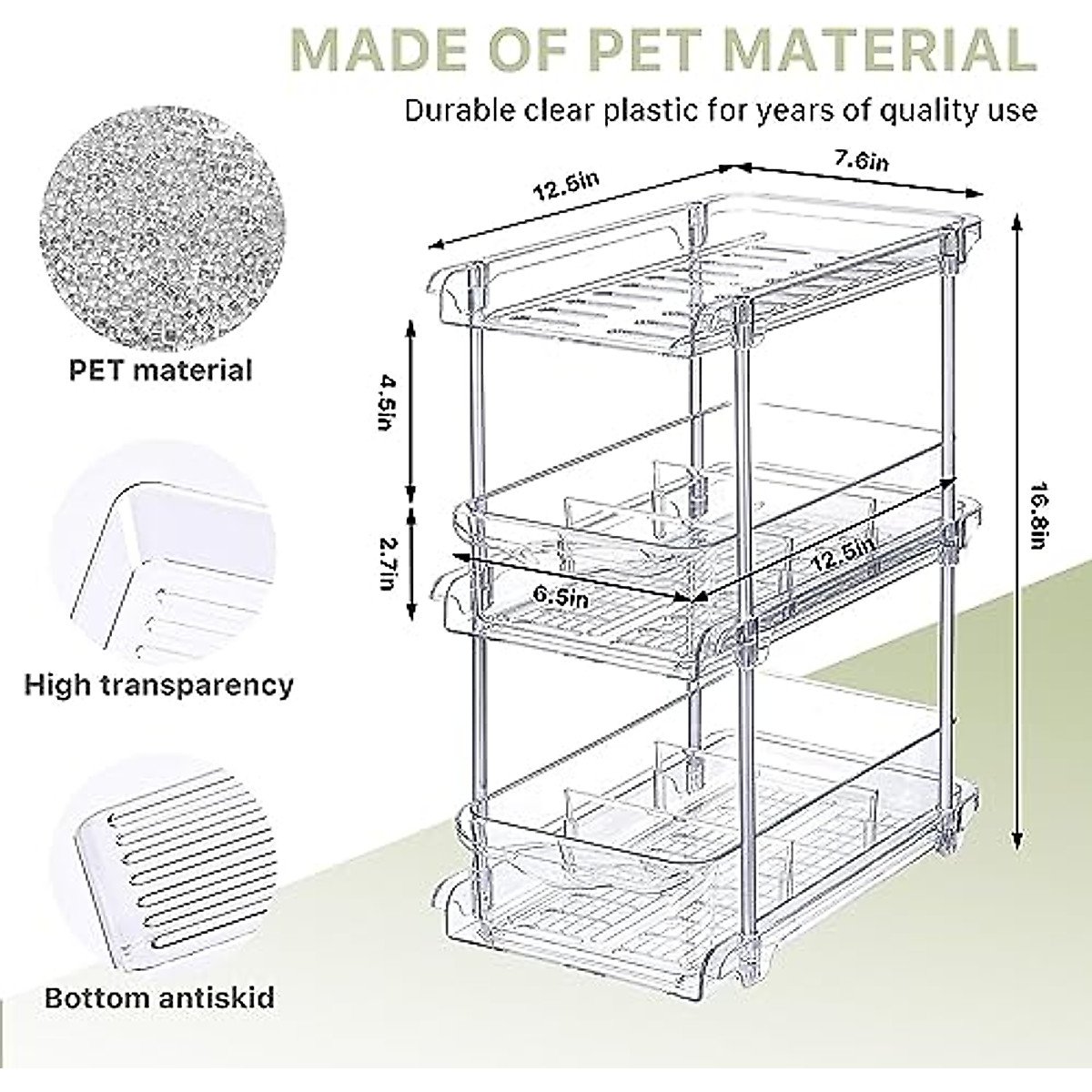 3 Tier Clear Bathroom Storage Organizer with Dividers, Pull Out Under Sink Organizers and Storage, Multi-Purpose Cabinet Organizers and Storage for Bathroom, Kitchen, Pantry, Vanity, Countertop
