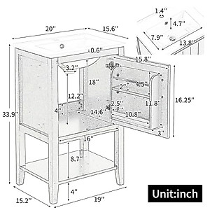20" Bathroom Vanity Cabinet with Ceramic Sink Top Set, Freestanding, Two-Tier Storage Rack, Soft Closing Door, Black