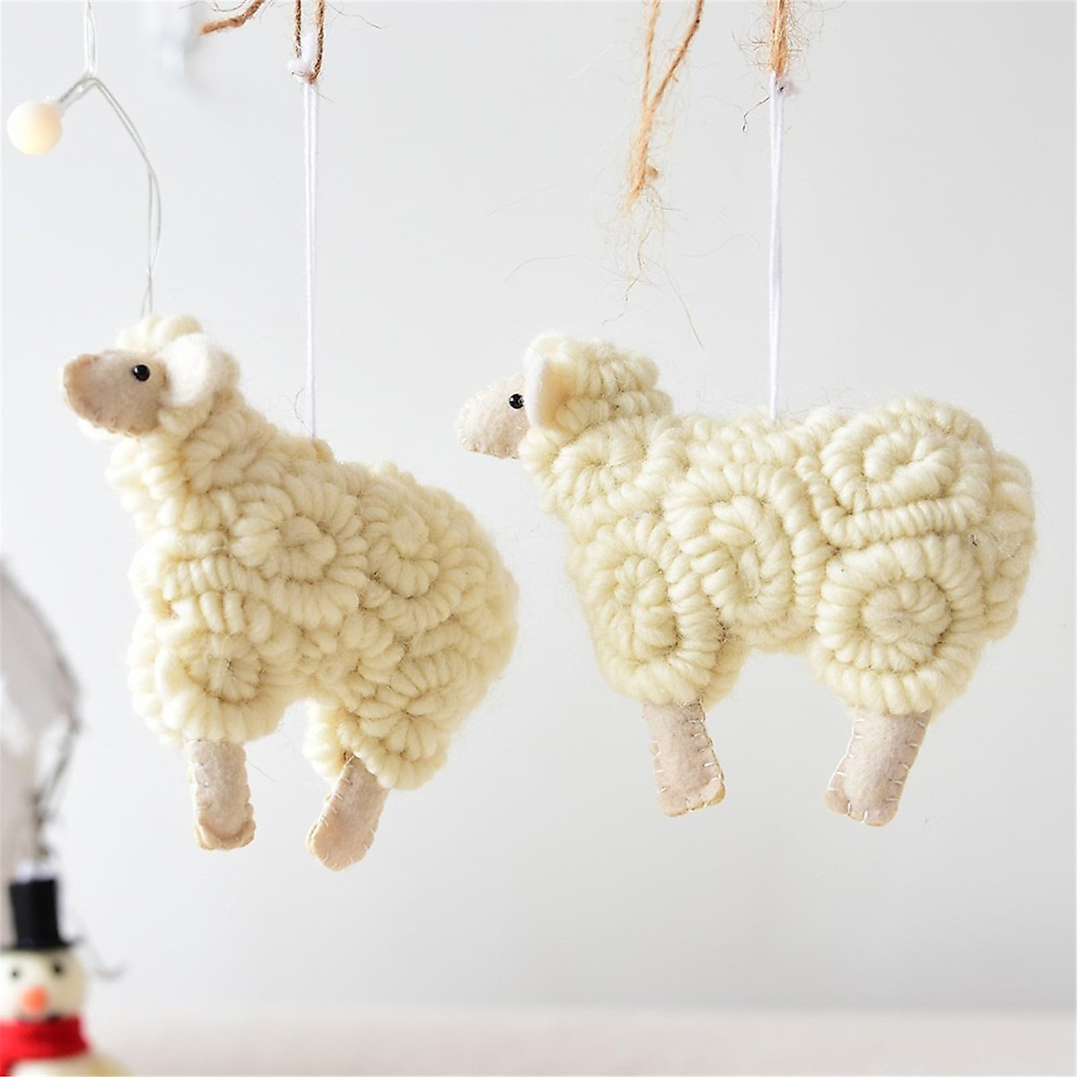 4 Pcs Felt Sheep Christmas Tree Ornaments - Curly Sheep Decorative Hanging Ornaments for Holiday Party - Beige
