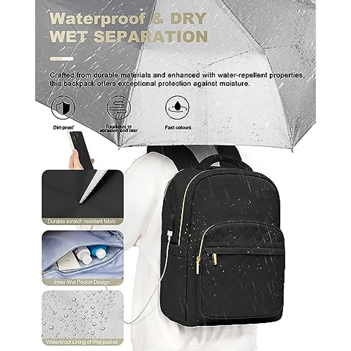 livbote Light Flight Travel Laptop Backpack Women, Mochilas para Mujer, Nurse Quilted Backpack, Water-repellent Small Backpack with USB Charging Port, Black