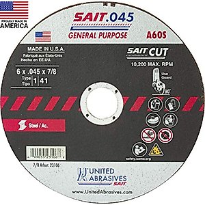 United Abrasives-SAIT 23106 A60S General Purpose Cut-Off Wheels (Type 1/Type 41 Flat) 6" x .045"x 7/8", 50-Pack
