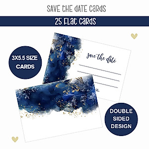 Paper Clever Party Blue Save the Date with Envelopes, All Occasion Cards for Wedding Invitations, Birthday, Graduation, Watercolor Gold Floral, 3.5x5, 25 Pack