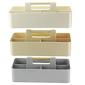 EZOWare Set of 3 Plastic Stackable Caddy Tote Set, Large Storage Organizer Bins with 5 Compartment Divider and Handle for Makeup, Vanity, Bathroom, Office Supplies, School, Crafts, Nursery - 3 Colors