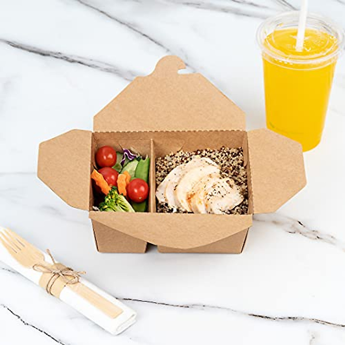 Restaurantware Bio Tek 47 oz Rectangle Kraft Paper #3 Bio Box Take Out Container - 2-Compartment - 6 1/2" x 5 1/4" x 2 1/2" - 200 count box