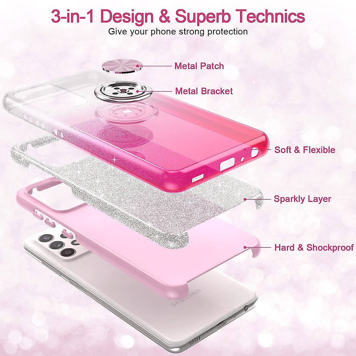 PeeTep Galaxy A52 5G Case for Girls Women, Slim Fit Glitter Sparkly Case with 360°Ring Holder Kickstand Magnetic Car Mount Shock-Absorbent Protective Sturdy Cover,Pink