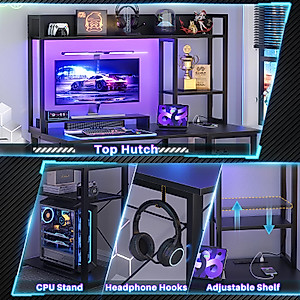 Cyclysio Gaming Desk with Hutch, 39'' Computer Desk with LED Lights & Power Outlets, Home Office Desk with Reversible 5 Tiers Storage Shelves & Monitor Stand, Small Gaming Table for Small Space, Black