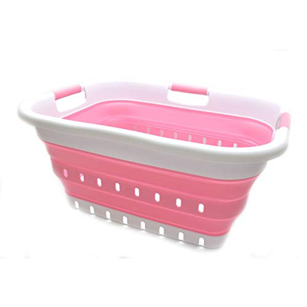 SAMMART 41L Collapsible 3 Handled Plastic Laundry Basket - Foldable Pop Up Storage Container/Organizer - Portable Washing Tub - Space Saving Hamper/Basket (3 handled rectangular, White/Pink)