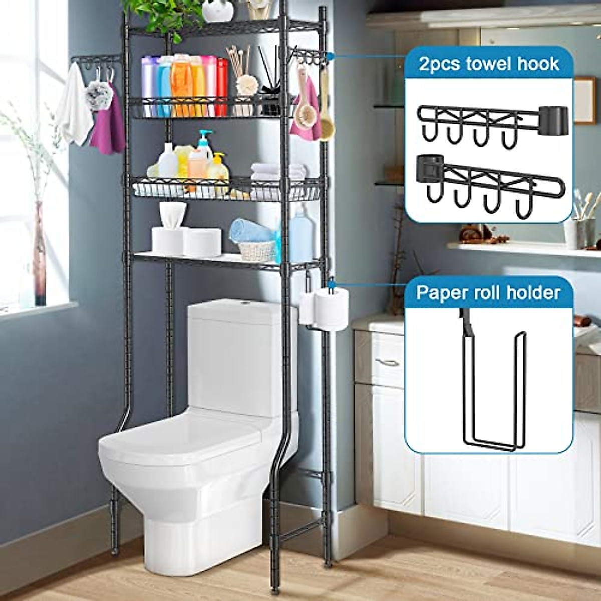 Bathroom Over The Toilet Storage Shelf - Over Toilet Bathroom Organizer Rack with 4 Tier Bathroom Space Saver Toilet Stand Shelves Bathroom Stand Above Toilet Bathroom Rack Organizer Over Toilet,Gray