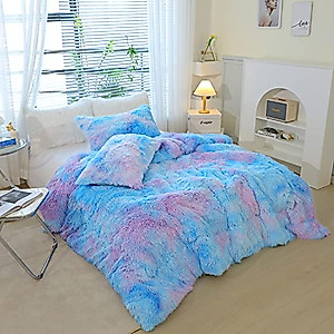 MOOWOO Plush Shaggy Comforter, Twin Luxury Ultra Soft Crystal Velvet Bedding Sets 2 Pieces (1 Faux Fur Comforter + 1 Faux Fur Pillow Cases), Colorful Blue