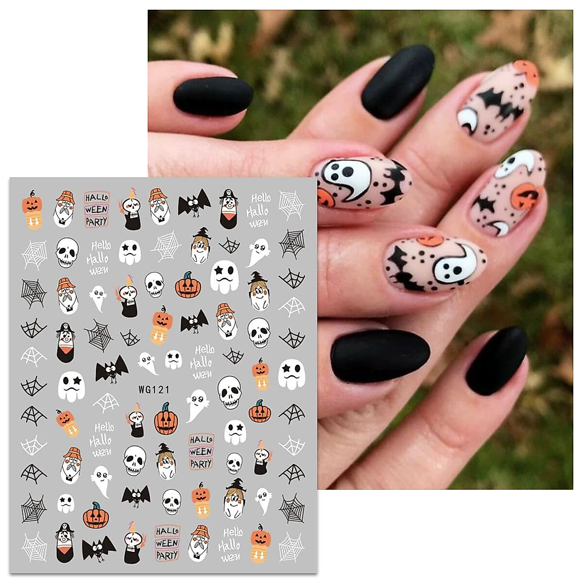 JMEOWIO 8 Sheets Cute Halloween Nail Art Stickers Decals Self-Adhesive Pegatinas Uñas Horror Skull Pumpkin Ghost Witchy Spider Web Bat Spook Nail Supplies Nail Art Design Decoration Accessories