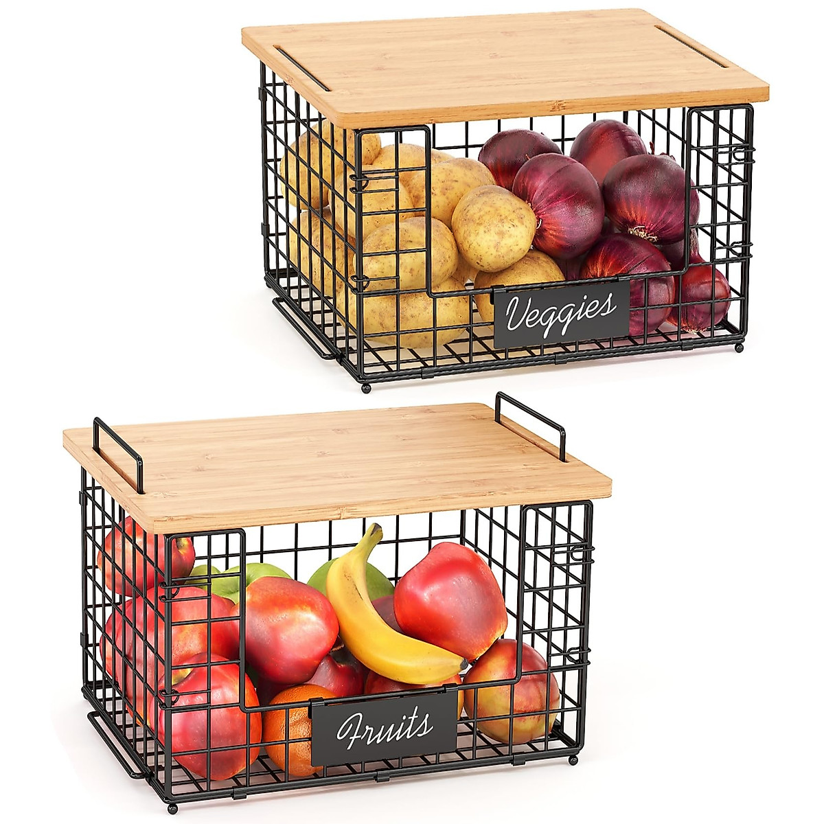 2 Pack XXL Stackable Wire Baskets with Bamboo Top for Pantry Organizers and Storage, Kitchen Organization Counter Basket for Fruit, Vegetable, Produce, Bread, Potato and Onion Storage Bins