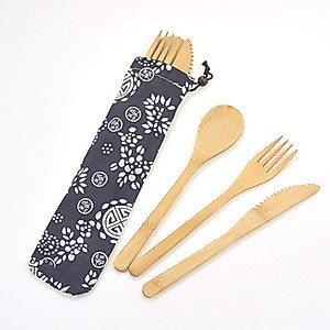 DOACT Bamboo Spoon Flatware, Easy to Clean Bamboo Cutlery Set Cloth Bag for Kitchen (b)
