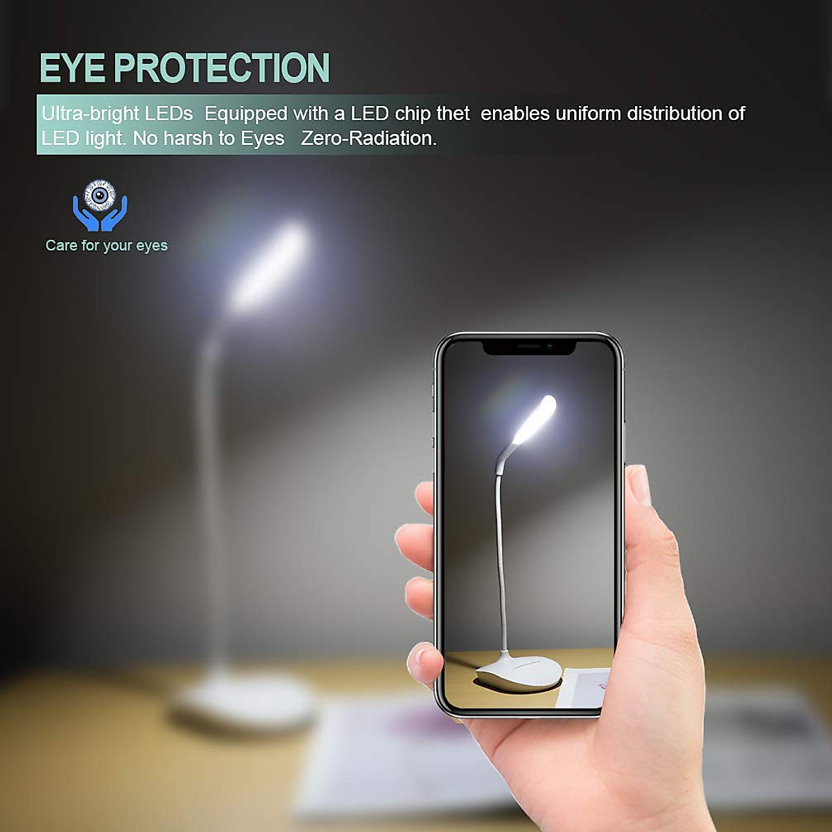 Brivation Dimmable LED Desk Lamp, 3 Dimming Levels, Eye-Care, Touch Sensitive, USB Charge/4AA Batteries Table Lamp, Office Lamp, Reading Lamps, Bedroom Lamps White