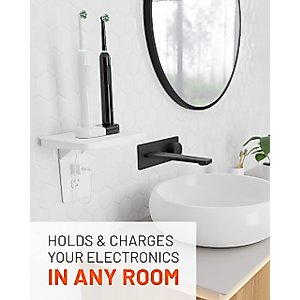 ECHOGEAR Wide Outlet Shelf - Next-Gen Design with Built-in Cord Storage & Room for Bulky Plugs - Works with Both Standard & Decora Outlets - Quick Install with Included Hardware