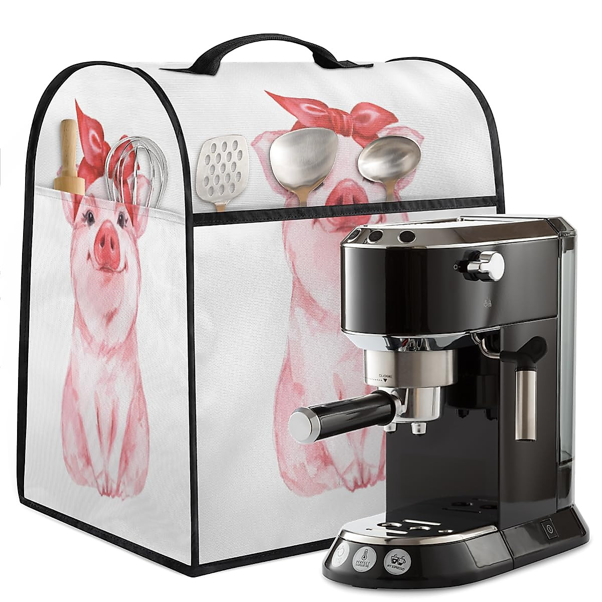 DXTKWL Cute Animal Pig Pink Coffee Maker Cover Dust protection, Coffee Machine Cover with Pockets and Top Handle， Easy Clean 14.6 * 11.2 * 17inch