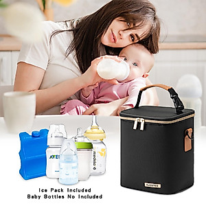 BABEYER Breast Milk Cooler Bag with Ice Pack Fits 4 Baby Bottles Up to 9 Ounce, Baby Bottle Bag with Shoulder Strap for Nursing Mom Daycare, Black
