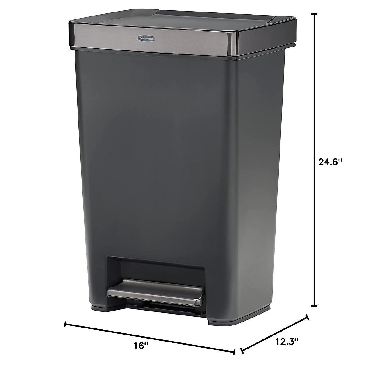 Rubbermaid Premier Series III Step-On Trash Can for Home and Kitchen, with Stainless Steel Rim, 12.4 Gallon, Charcoal