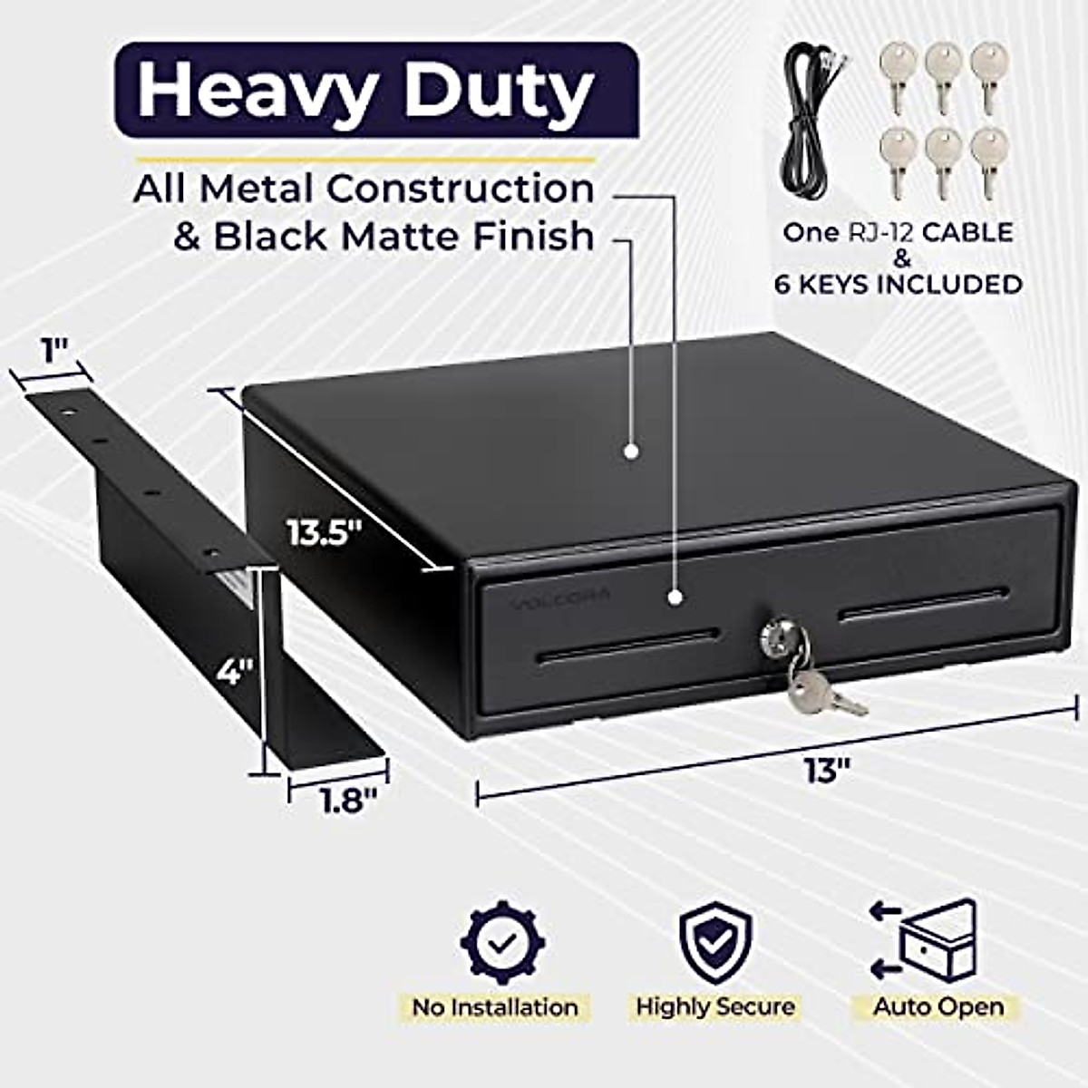 Cash Register Drawer with Under Counter Mounting Metal Bracket - 13" Black Cash Drawer for POS, 4 Bill 5 Coin Cash Tray, Removable Coin Compartment, 24V RJ11/RJ12 Key-Lock, Media Slot - For Businesses