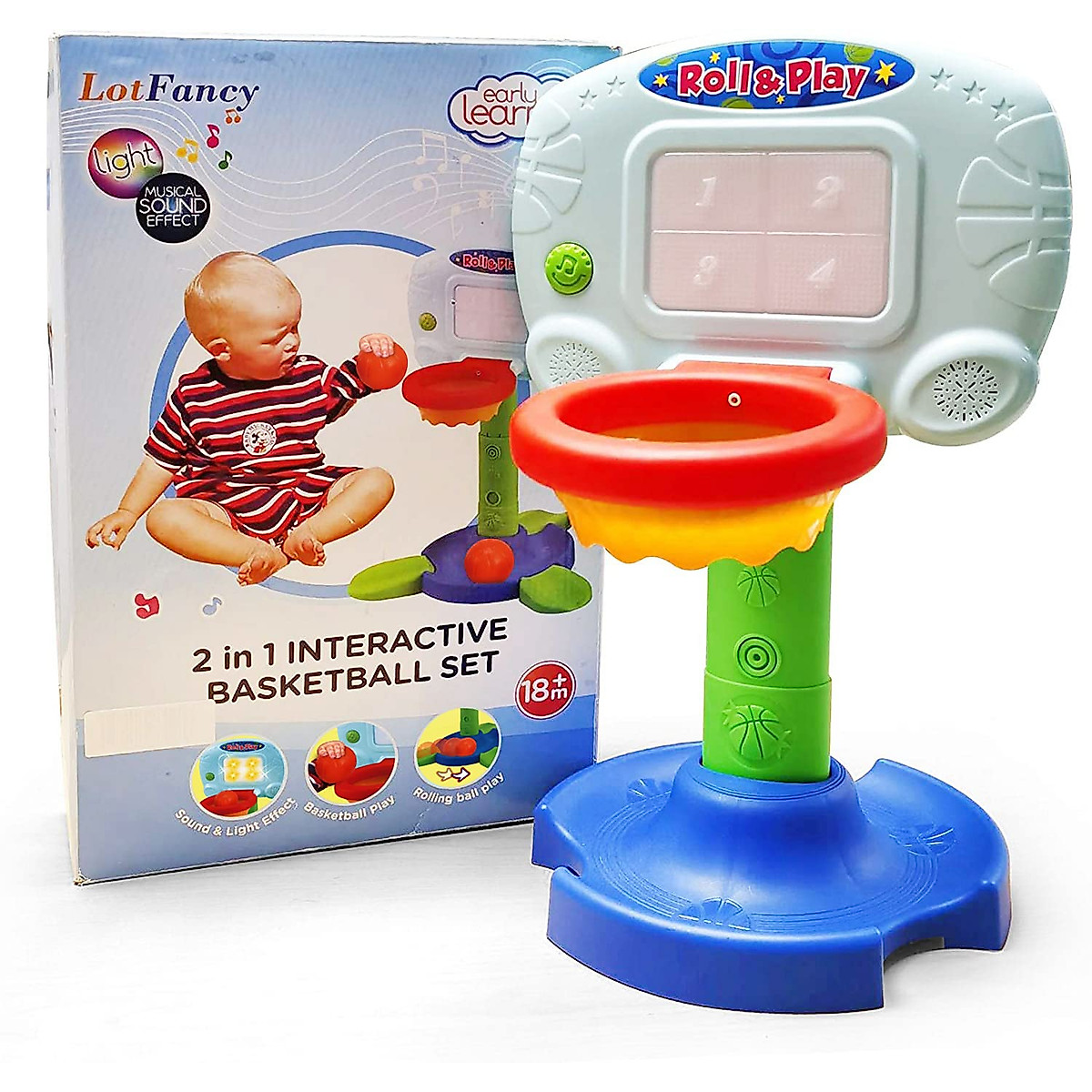 LotFancy Basketball Hoop for Kids Toddlers 9m-3y, Infant 2 in 1 Adjustable Sports Toy Set, Baby Interactive Learning Toy, with Light and Music, Indoor Basketball Game, Battery Include