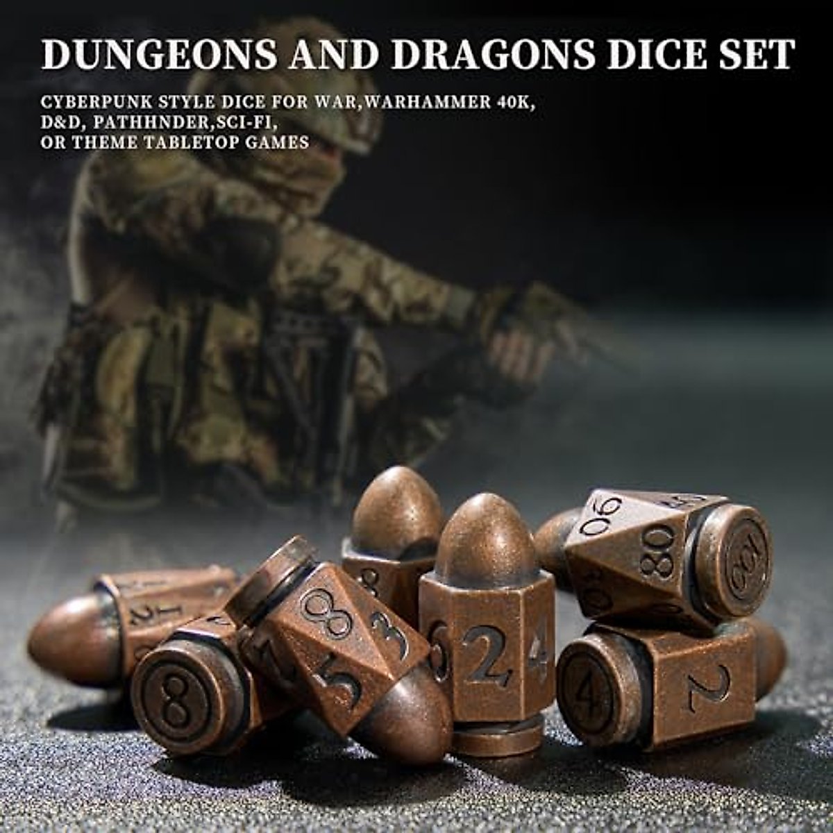 Bullet Brass Dice for Dungeons and Dragons - Solid Metal Polyhedral D&D Dice Set for MTG, RPG, Tabletop Games, Warhammer 40K, Shadowrun