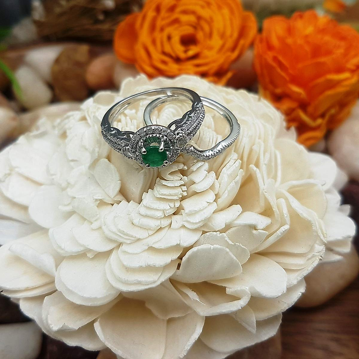 Dazzlingrock Collection 14k Round Emerald & White Diamond Women Halo Bridal Engagement Ring Set, White Gold, Size 5.5