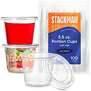 [100 Sets - 5.5 oz.] Plastic Clear Portion Cups, Snack / Yogurt /Parfait/ Pudding / Souffle /Dessert Cups, Disposable Containers with Lids 5.5oz.