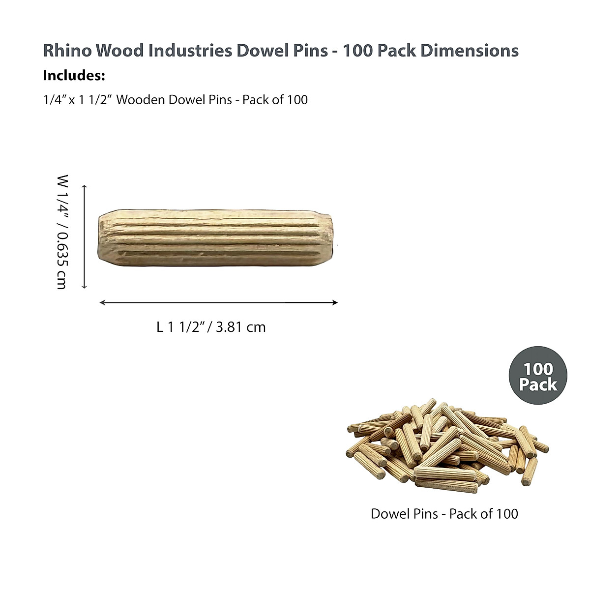 100 Pack 1/4" x 1 1/2" Wooden Dowel Pins Wood Kiln Dried Fluted and Beveled, Made of Hardwood