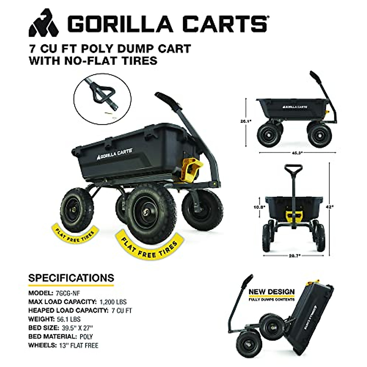 Gorilla Carts 7GCG-NF 7 Cu. Ft. Heavy-Duty Poly Garden Dump Cart with No-Flat Tires, Black (Amazon Exclusive)