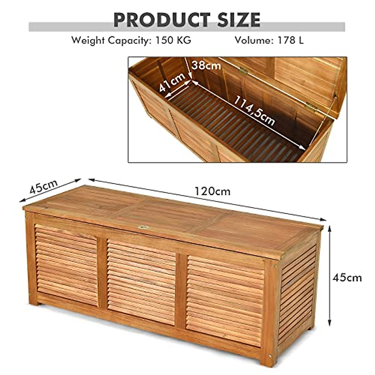FANTASK 47 Gallon Wooden Deck Box, Outdoor Acacia Wood Garden Backyard Organization, Storage Bench for Patio Furniture Gardening Tools Toys Cushions