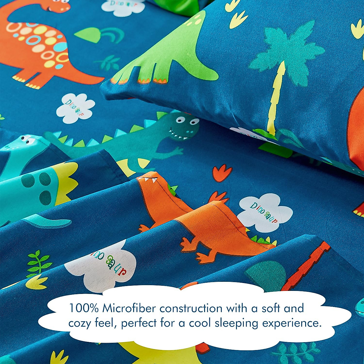 WINLIFE Dinosaur Sheet Set Twin for Boys 3 Piece - Soft Cozy Microfiber Twin Size Kids Sheets - Cartoon Dino Sheets for Twin Bed - Deep Pocket 16 Inches Teen Bed Sheets for Children, Navy