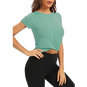 Bestisun Workout Front Cross Crop Tops for Women Short Sleeve Dance Running Cropped Shirt Gym Yoga Workout Crop Tops for Women Gray Green M