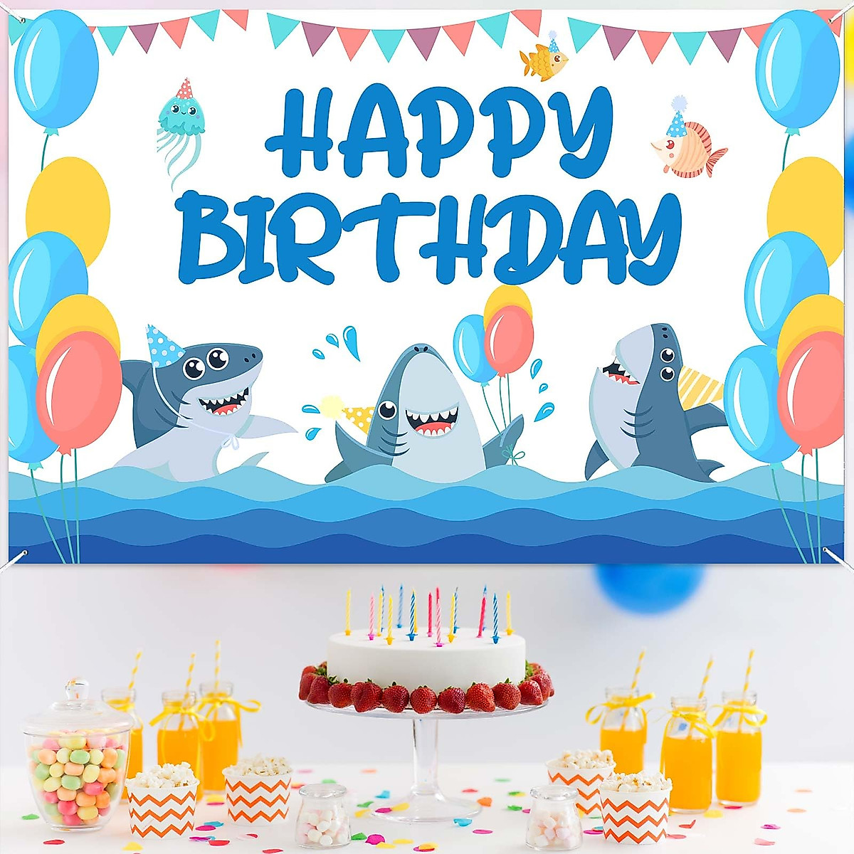 Shark Party Decorations Happy Birthday Banner Shark Party Supplies Animal Fish Shark Themed Under The Sea Decor for Baby Shower Boys 1st Birthday Party Decorations Backdrop Favors Photo Booth Props