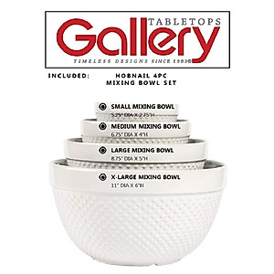 TTU Tabletops Gallery Hobnail Style 4 Piece Classic White Stoneware Nesting Mixing Bowl Set for Baking and Cooking