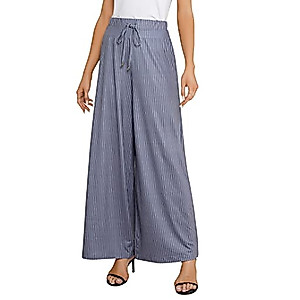 KOJOOIN Women's Wide Leg Pants Casual Palazzo Summer Flowy Pants Elastic High Waist Lounge Drawstring Long Trousers for Women Gray Stripe XL