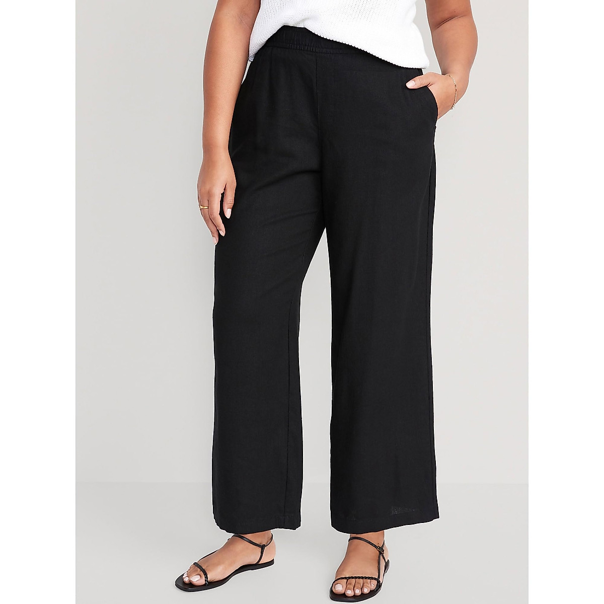 Hixiaohe Women's Casual Linen Pants Summer Elastic High Waisted Trouser Loose Wide Leg Pants(Black,XL)